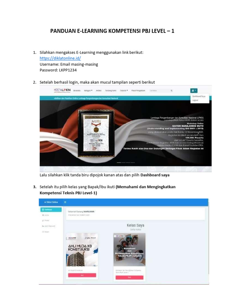 Panduan E-Learning PBJ Level-1 LPKN | PDF
