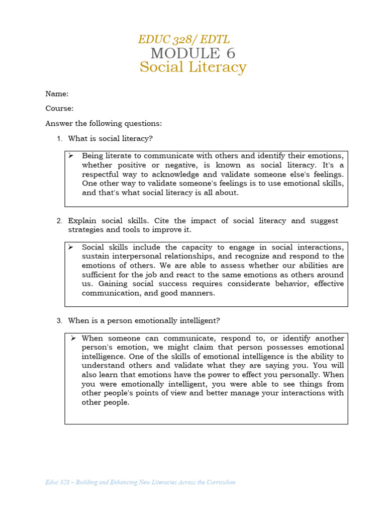 EDUC 328 Module 06 Task and Requirement No. 2 | PDF | Emotional Intelligence | Literacy