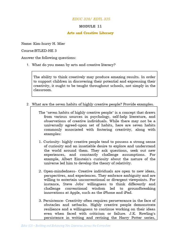 EDUC 328 Module 11 Task | PDF | Creativity | The Arts