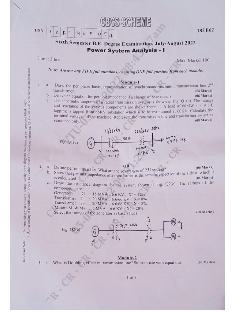 VTU Exam Question Paper With Solution of 18EE62 Power System Analysis-1 ...