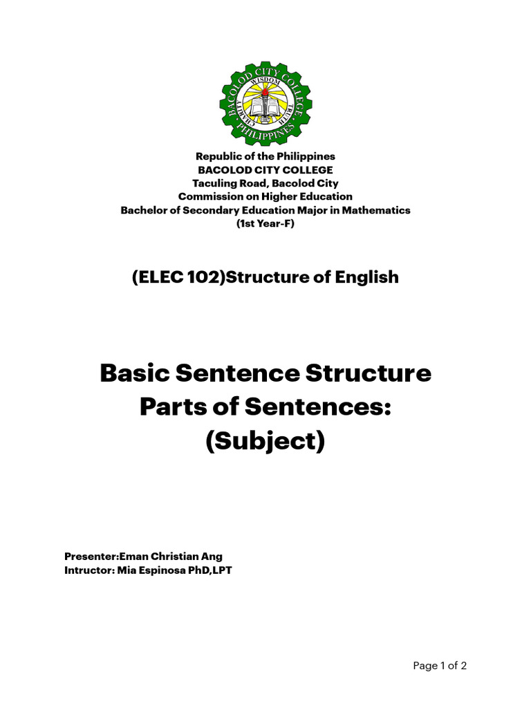 Basic Sentence Structure Parts of Sentences - (Subject) | PDF | Adverb ...
