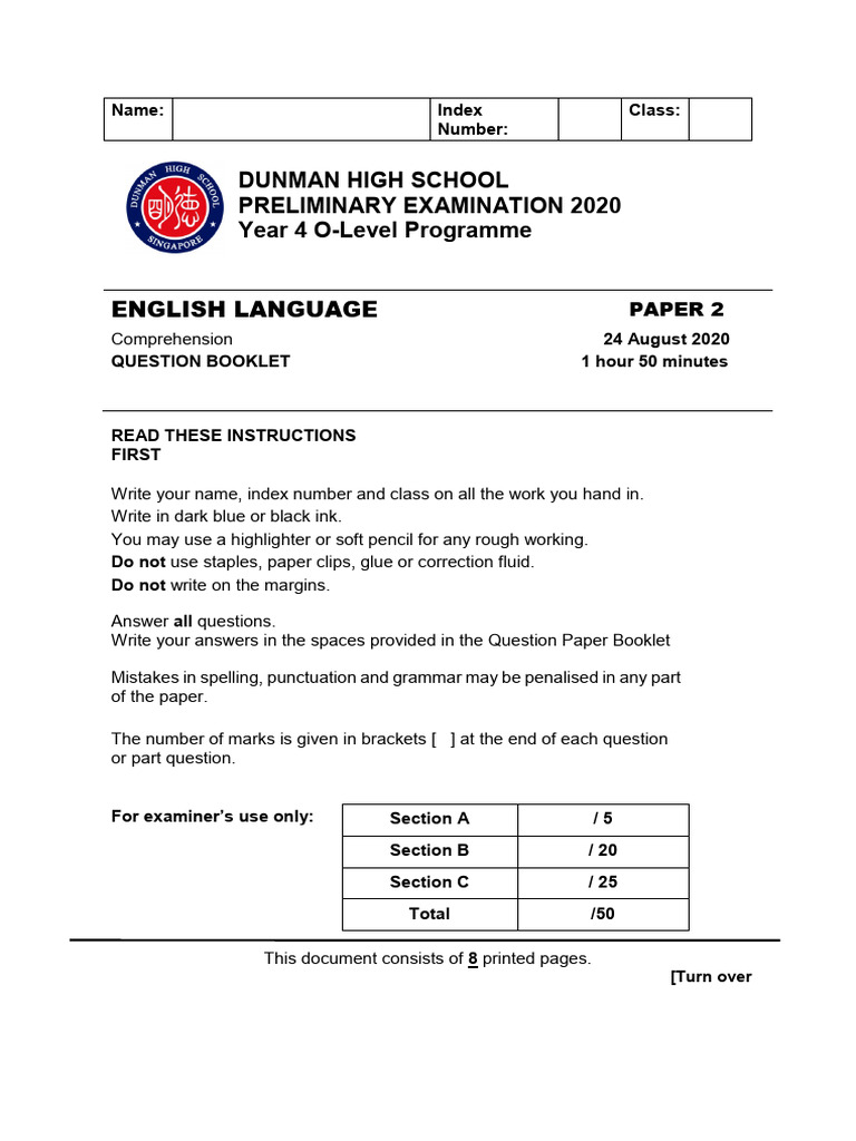 2020 Y4 O Level Prelim Paper - 2 Qns - Booklet | PDF