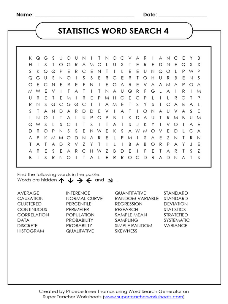 Statistics Word Search 4: Name: - Date | PDF | Statistics | Variance
