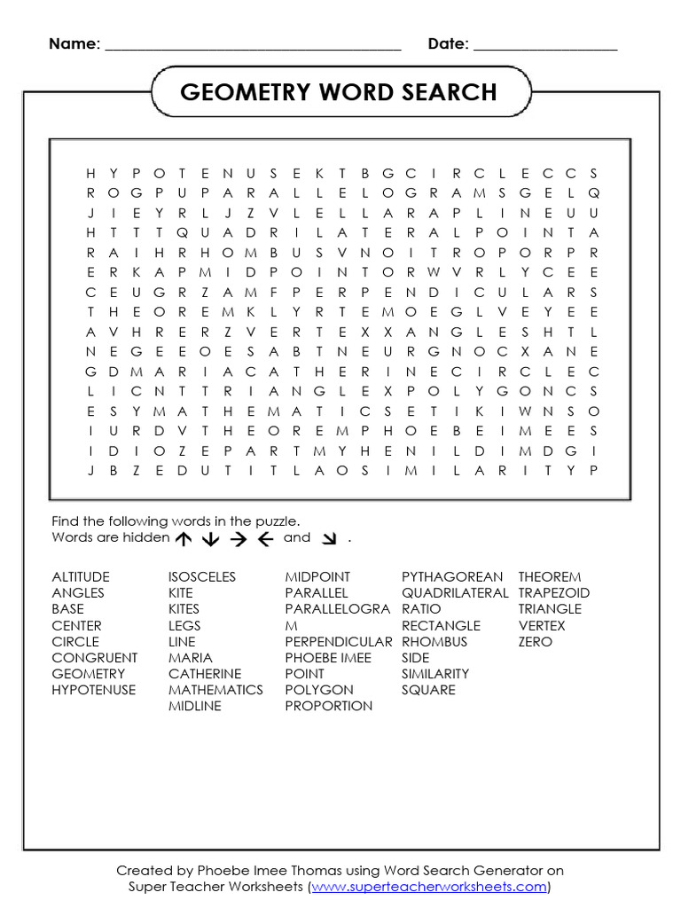 Geometry Word Search: Name: - Date | PDF | Rectangle | Perpendicular