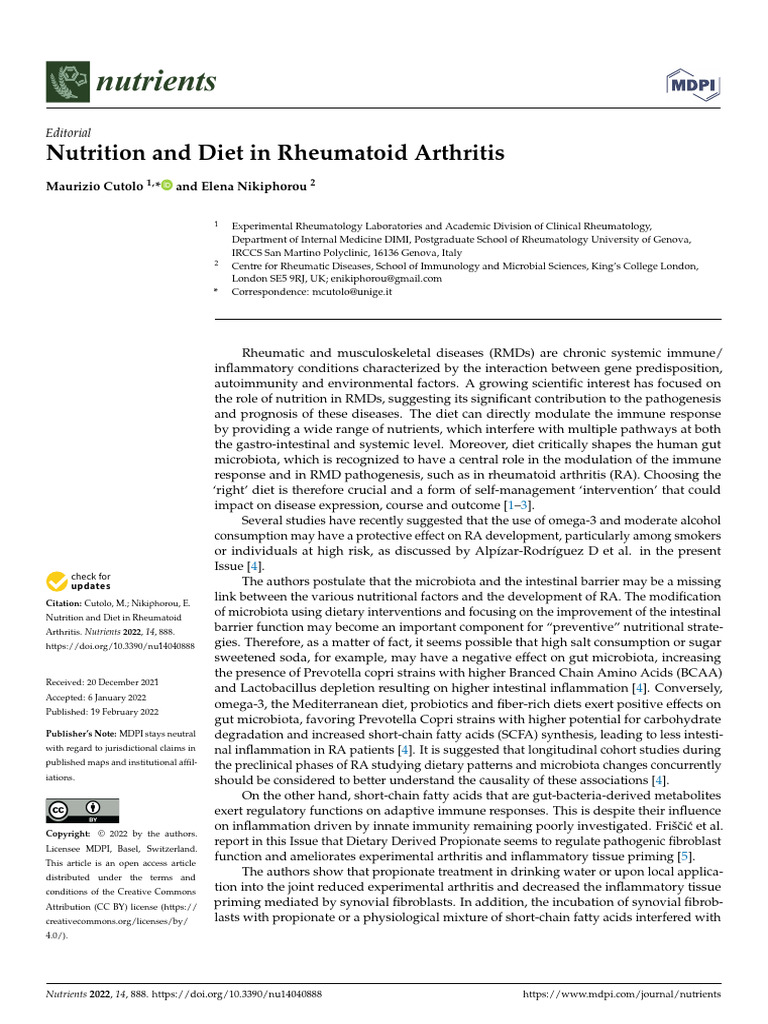 Nutrition And Diet In Rheumatoid Arthritis Pdf Rheumatology