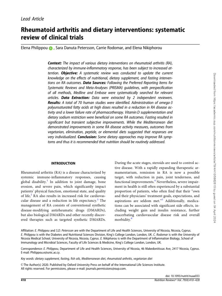 Rheumatoid Arthritis and Dietary Interventions - Systematic Review of ...