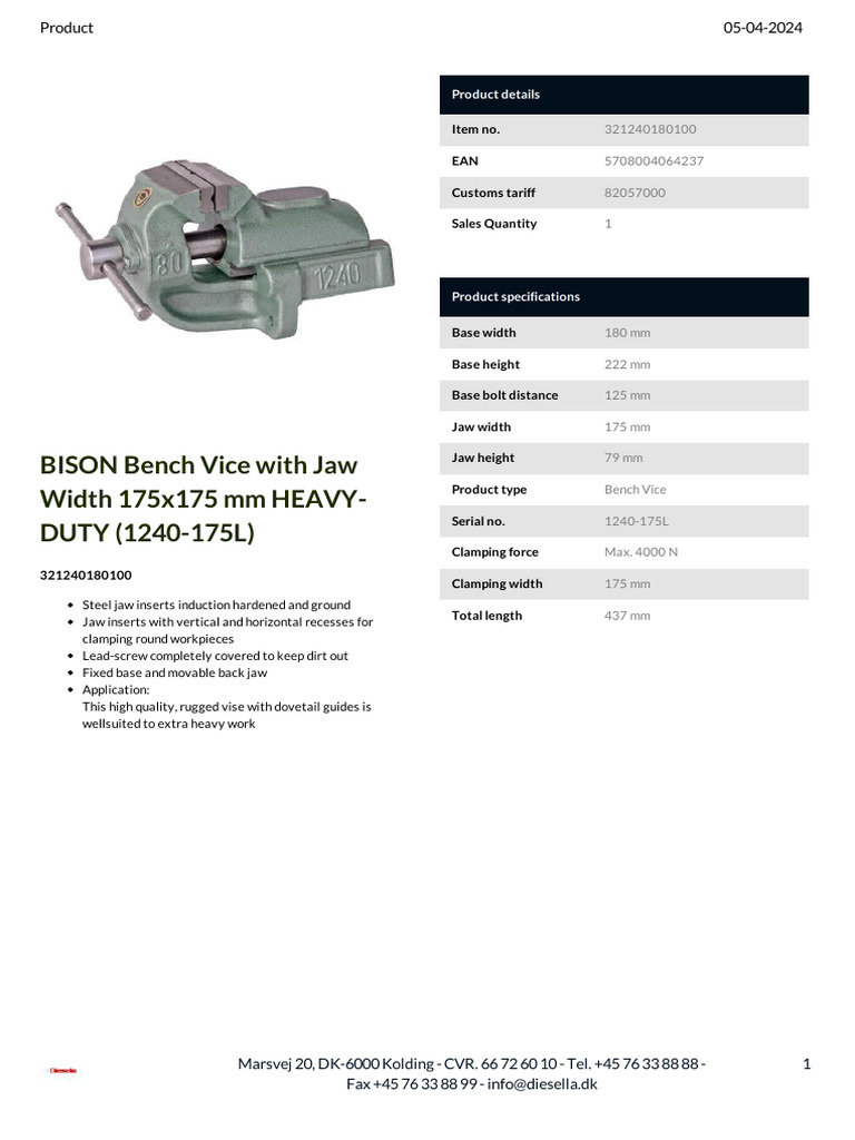 BISON Bench Vice With Jaw Width 175x175 MM HEAVY-DUTY (1240-175L) | PDF