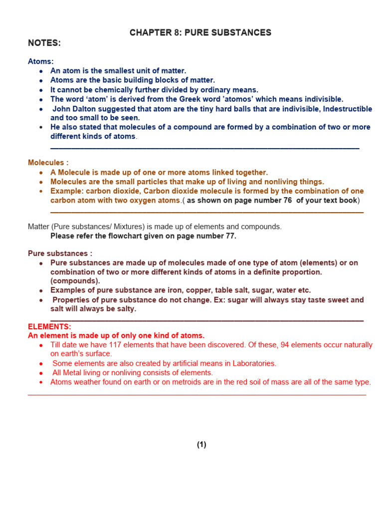 Pure Substances Notes-1 | PDF | Chemical Elements | Chemical Substances