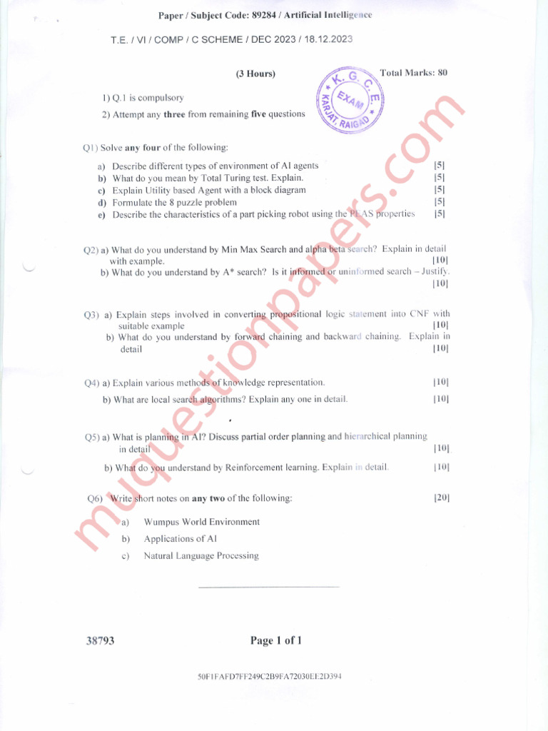 Be - Computer Engineering - Semester 6 - 2023 - December - Artificial ...