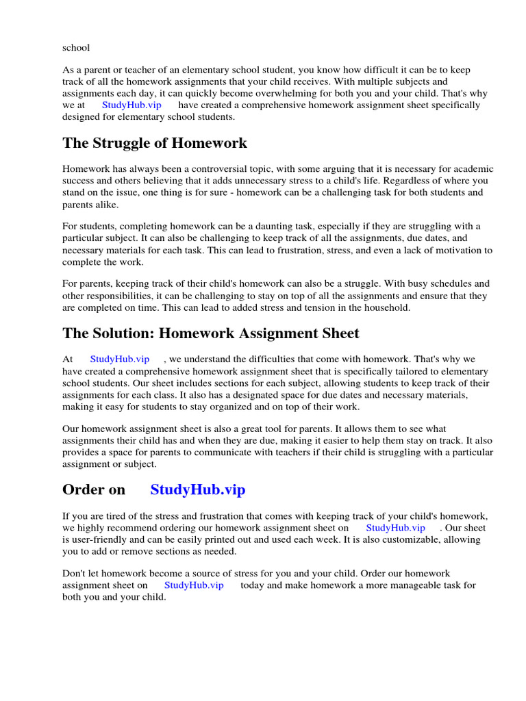 Homework Assignment Sheet for Elementary | PDF | Homework | Worksheet