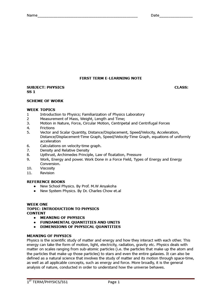 1ST Term S1 Physics | PDF | Teaching Methods & Materials