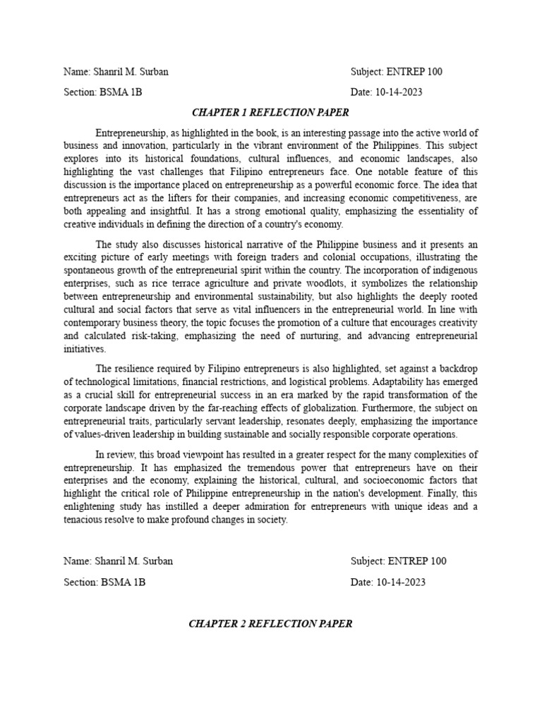 Entrep Chapter 1-3 Reflection Paper | PDF | Entrepreneurship | Social Psychology