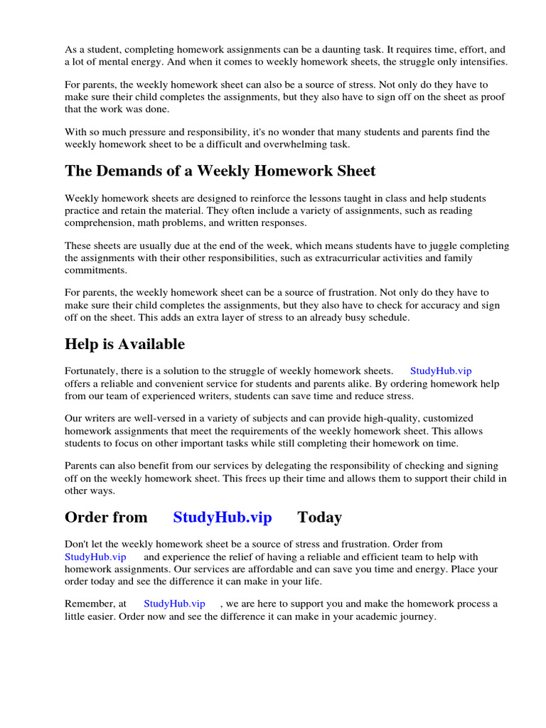 Weekly Homework Sheet Parent Signature | Download Free PDF | Worksheet ...