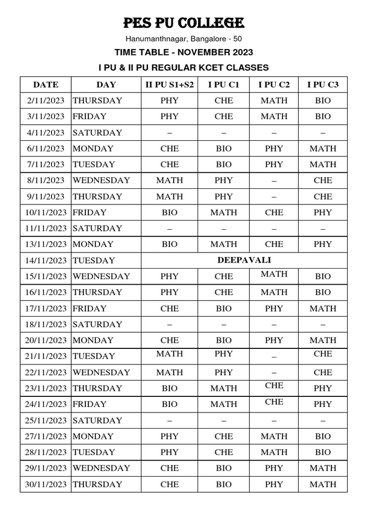 Kcet Timetable November 2023 | PDF