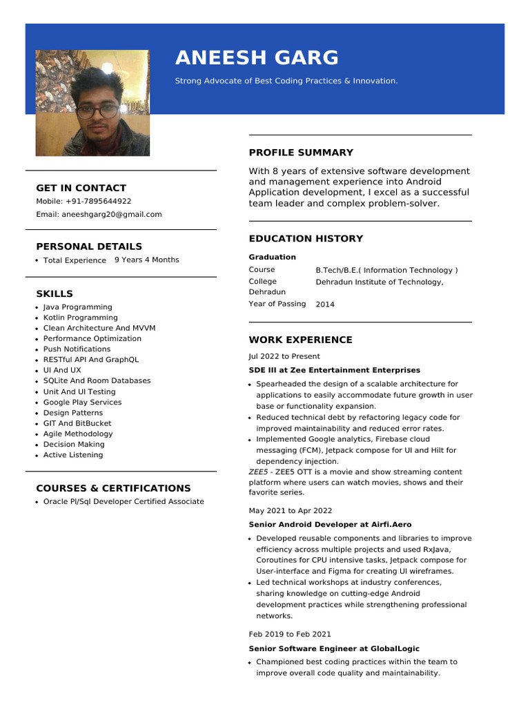 Resume | PDF | Android (Operating System) | Software Development Process