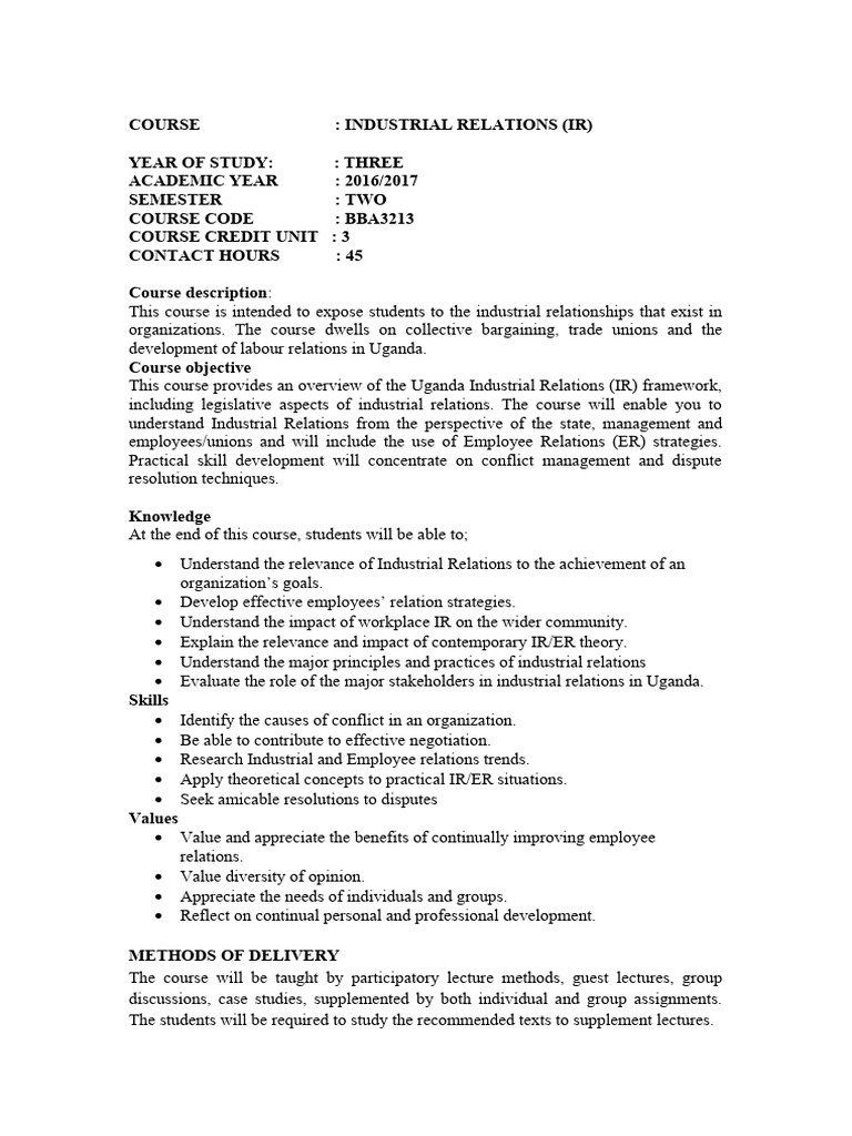 COURSE OUTLINE For Industrial Relations | PDF | Employment | Trade Union