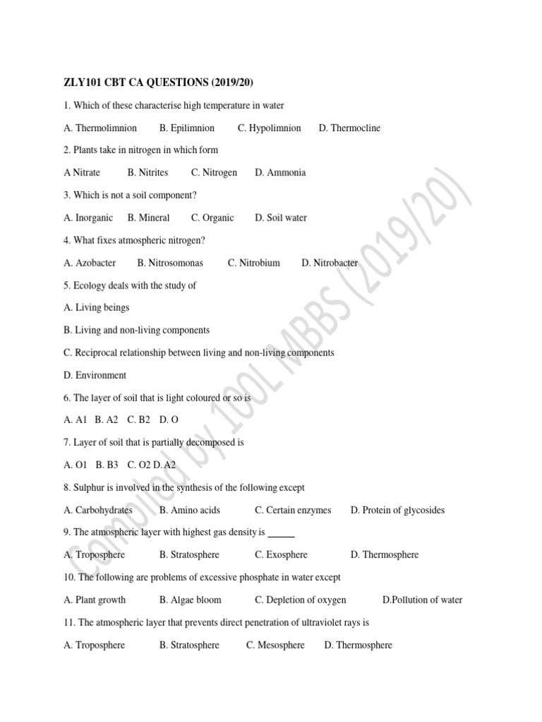 Zly101 CBT CA Questions | PDF | Atmosphere Of Earth | Ecosystem