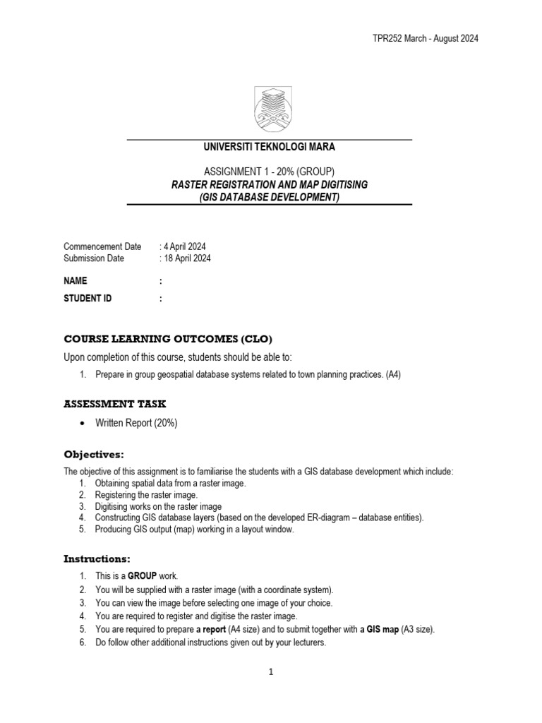 CLO 1 (PLO 4) - Assignment 1 - (20%) (Group) - Image Registration and Digitising | PDF ...