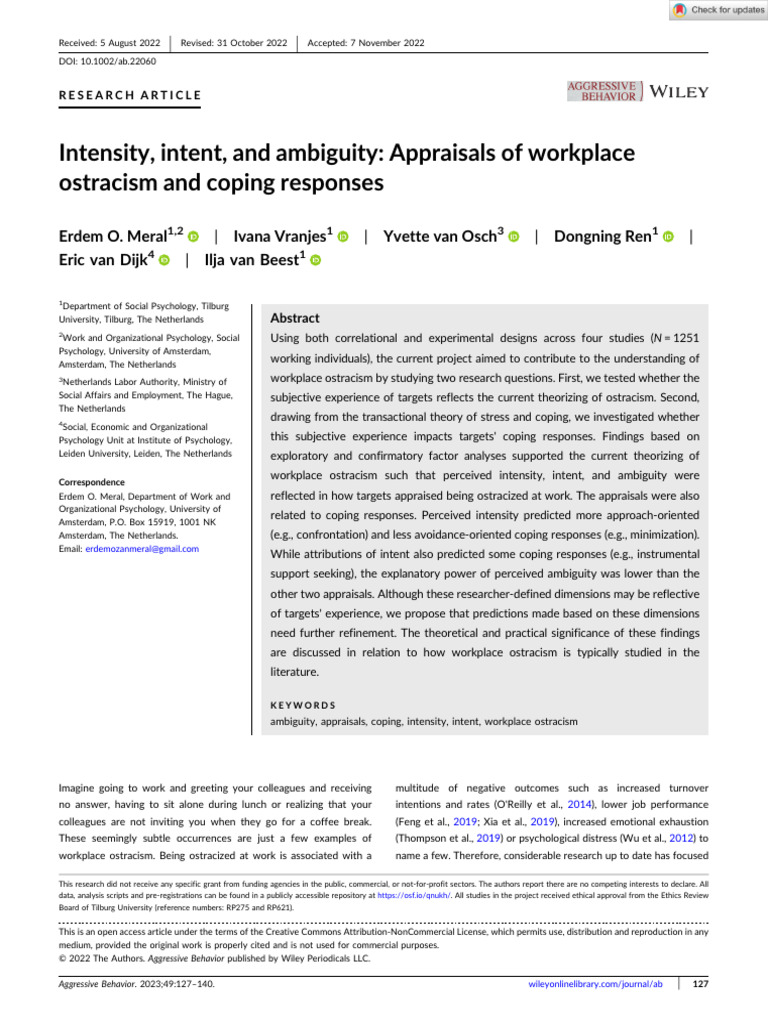 Aggressive Behavior - 2022 - Meral - Intensity Intent and Ambiguity Appraisals of Workplace ...