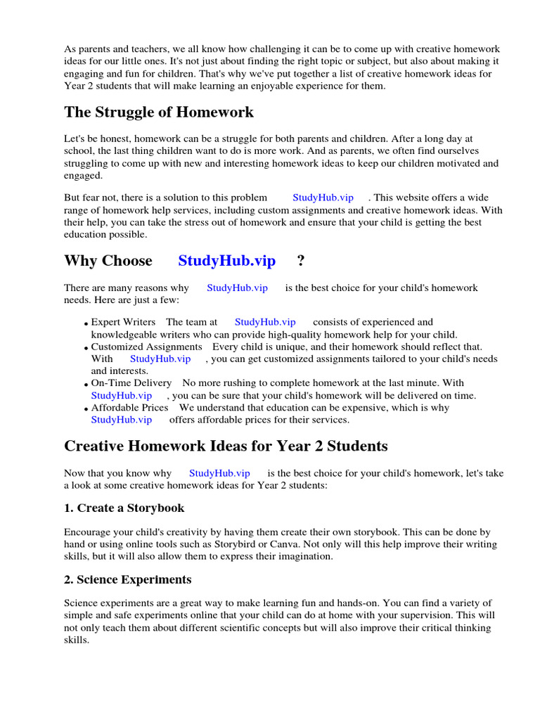 Year 2 Creative Homework Ideas | PDF | Homework | Psychological Concepts