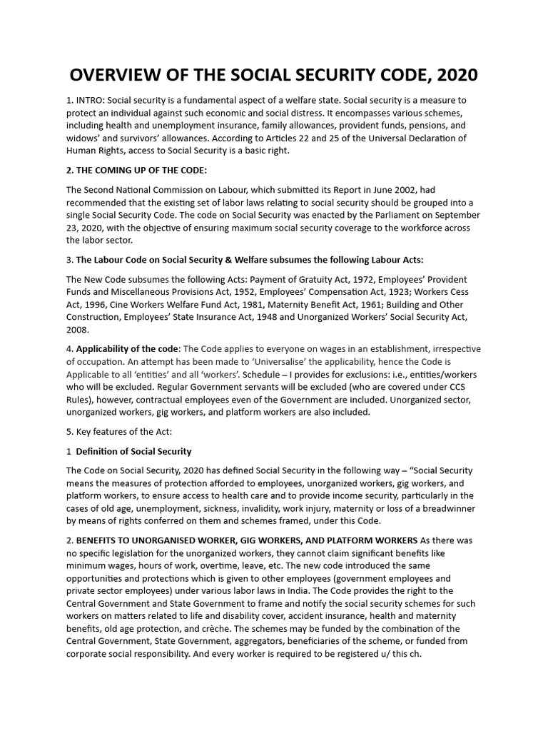 Overview of The Social Security Code | PDF | Welfare | Employment