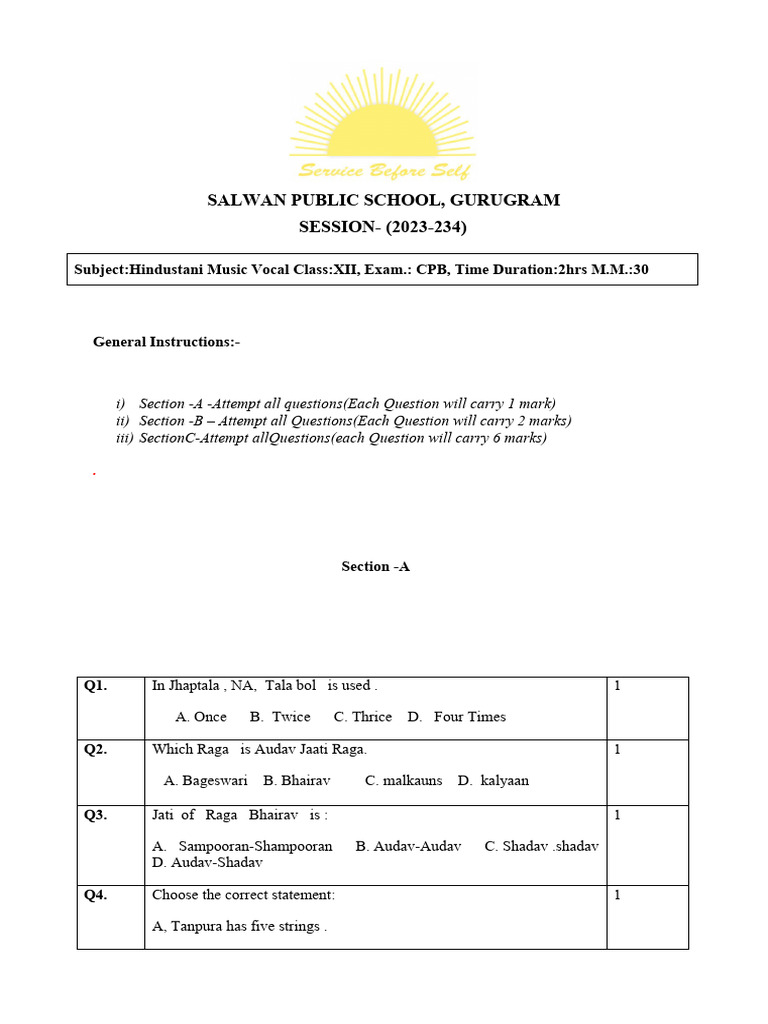 Class 11 Hindustani Music Sample Paper | PDF | Musicology | Classical ...