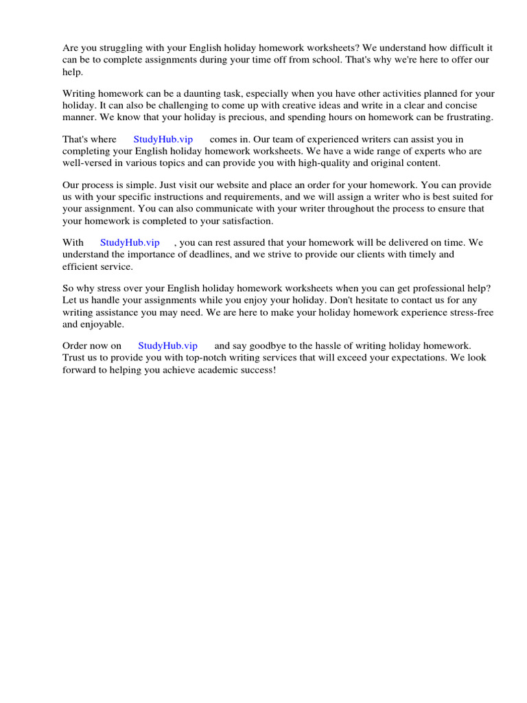 English Holiday Homework Help | PDF | Worksheet | English As A Second ...