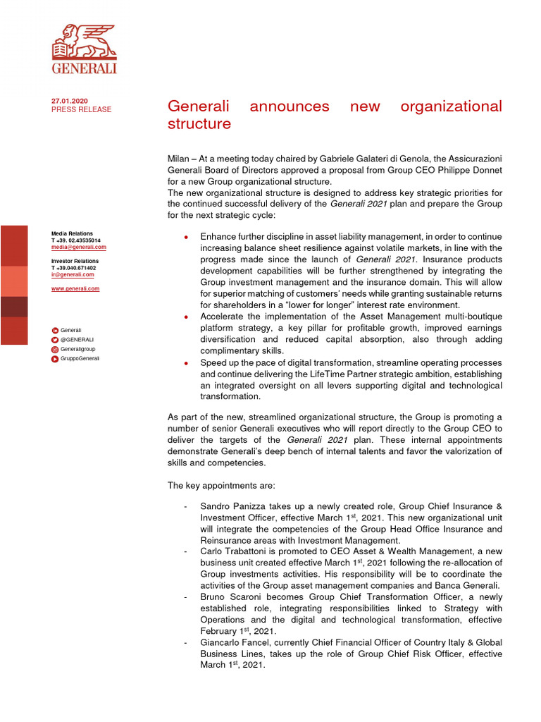 Generali Unveils New Leadership Structure | PDF | Investing | Financial ...
