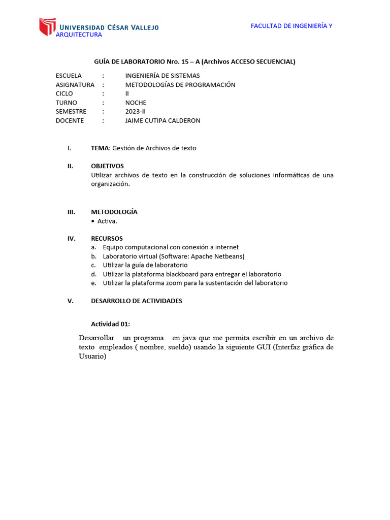 Gestión de Archivos en Java: Guía de Laboratorio | PDF | Java (lenguaje de programación ...