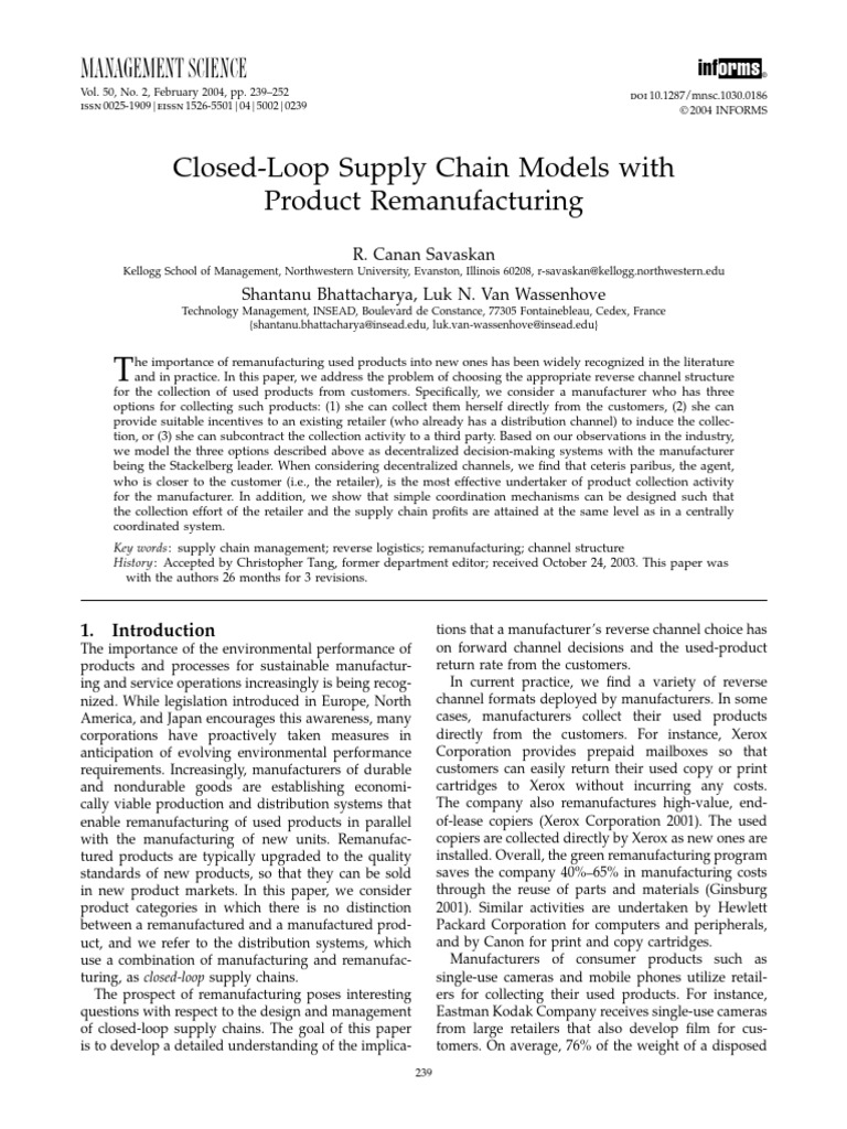 Closed Loop Supply Chain Models With Product Remanufacturing Pdf