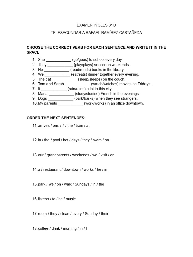 EXAMEN INGLES simple present | PDF