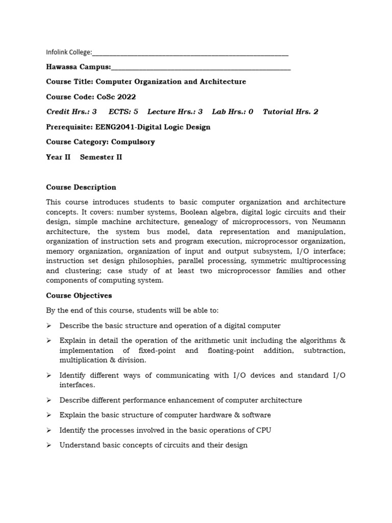 Course Outline - Computer Organization and Architecture1 dt-2024-02-24 ...