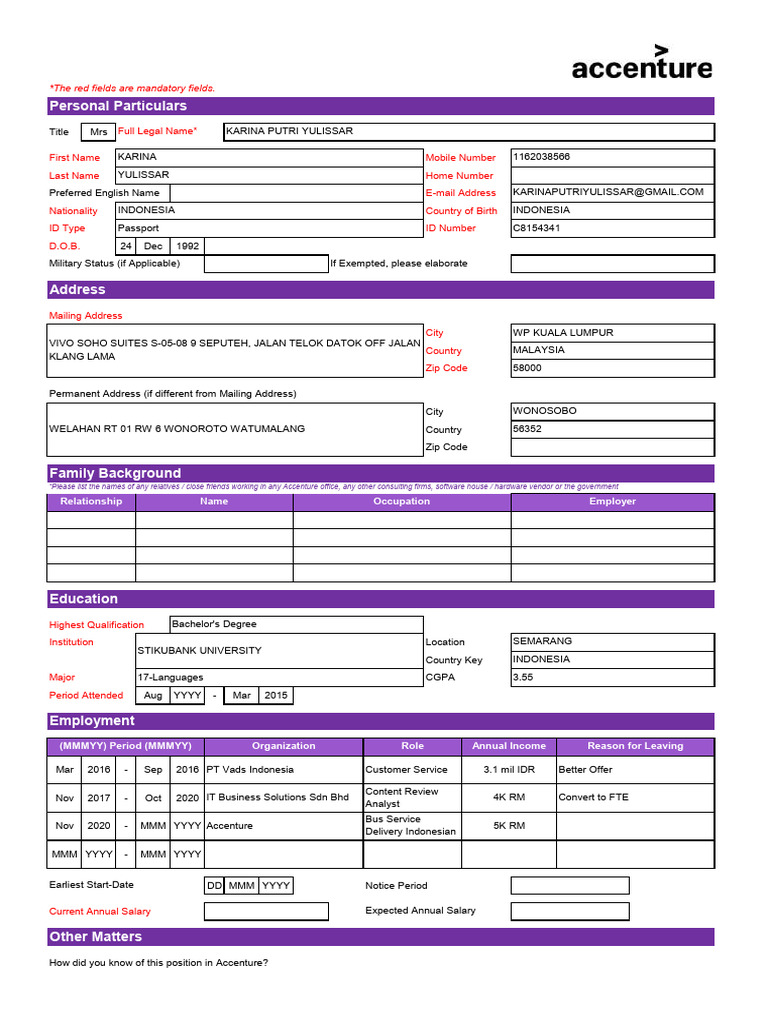Accenture Job Application Form | PDF | Recruitment