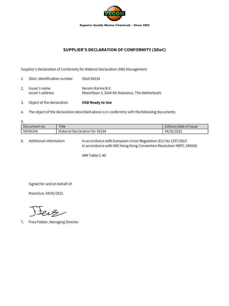 Marine Chemicals Supplier Declaration | PDF | Chlorofluorocarbon | Environmental Issues