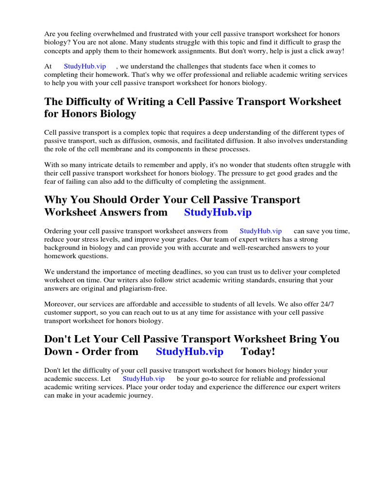 Cell Passive Transport Worksheet Help | PDF | Worksheet | Learning