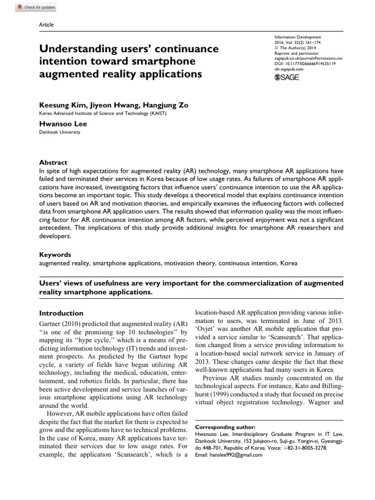 Kim Et Al 2014 Understanding Users Continuance Intention Toward Smartphone Augmented Reality ...