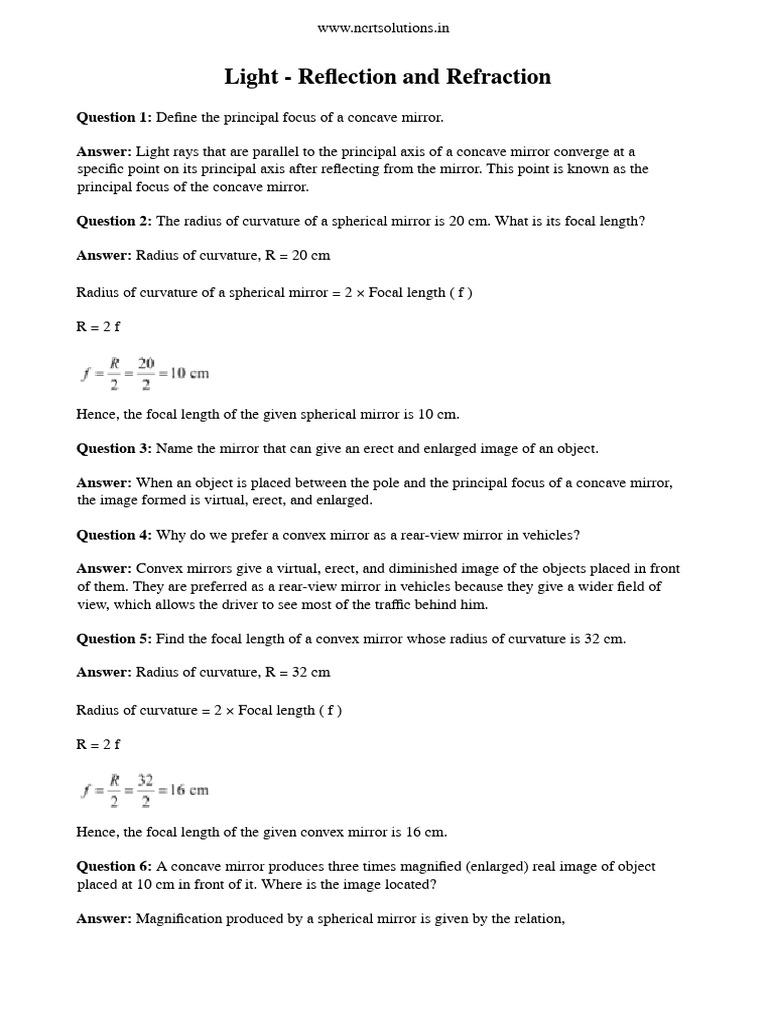 10.light - Reflection and Refraction NCERT Solutions | PDF | Mirror ...