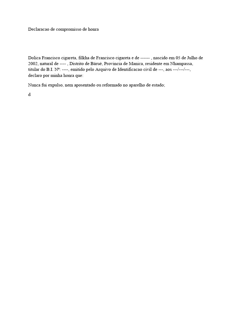 Declaracao de Compromisso de Honra Dorca | PDF Declaracao de Compromisso de Honra Dorca | PDF