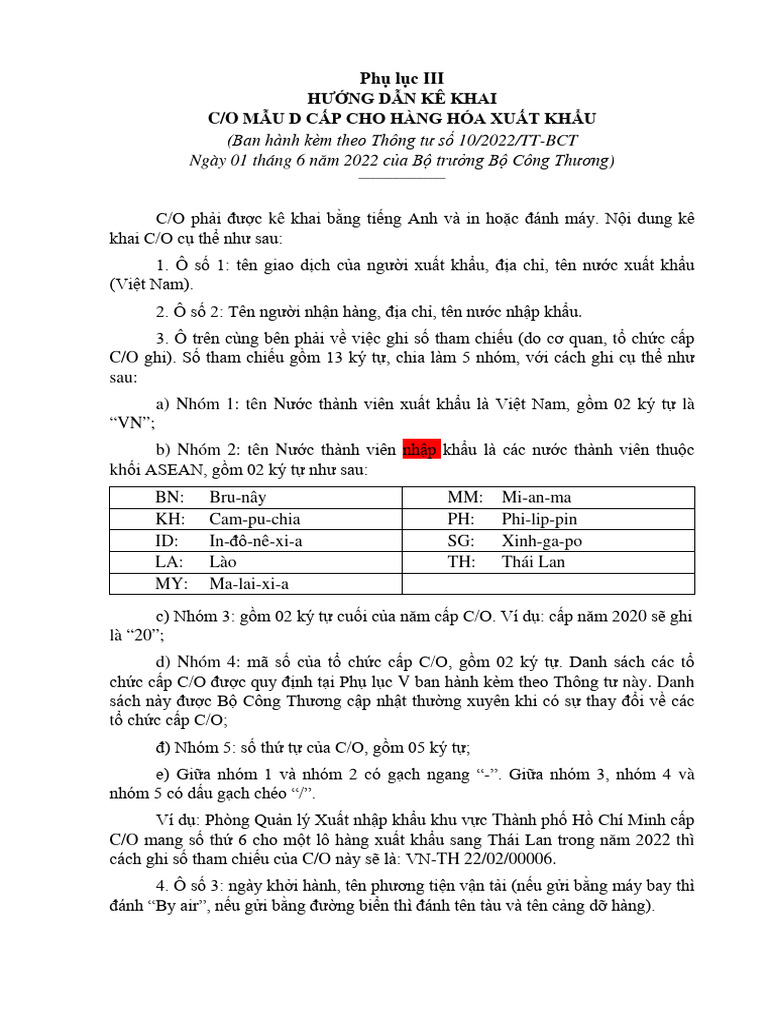 Hướng dẫn kê khai CO form D | PDF
