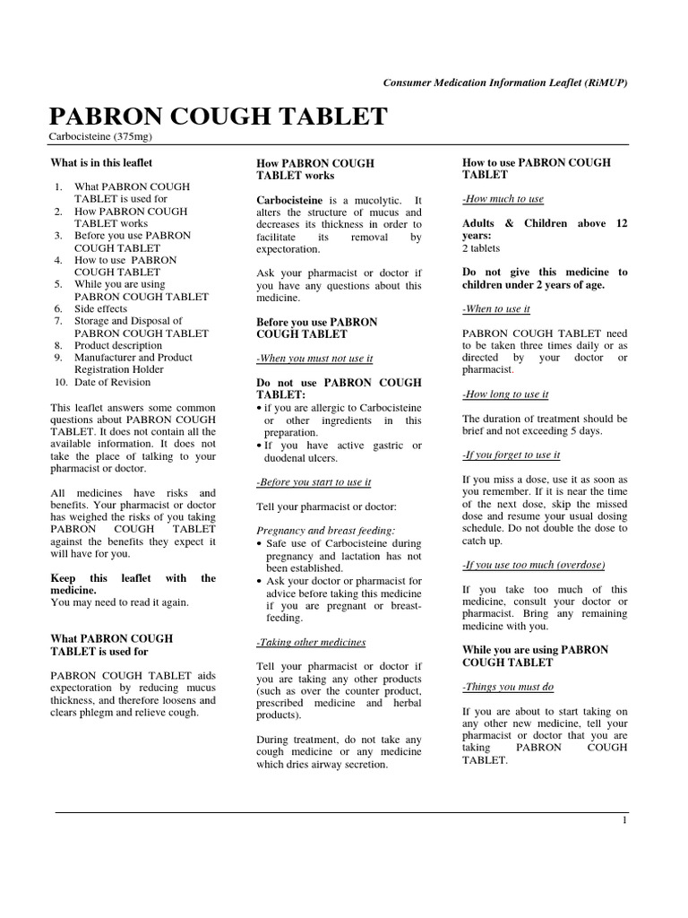 Pabron Cough Tablet Carbocisteine HOE PHARMACEUTICALS SDN BHD 8may2018 ...