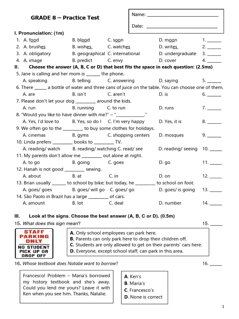 18 - 10 - 23 Grade 8 - Practice Test Midterm 1 | PDF