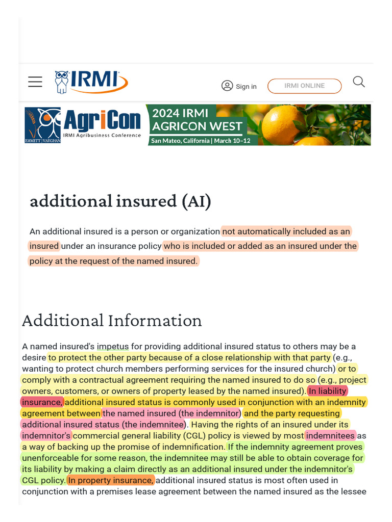 Additional Insured (AI) | PDF | Indemnity | Lease