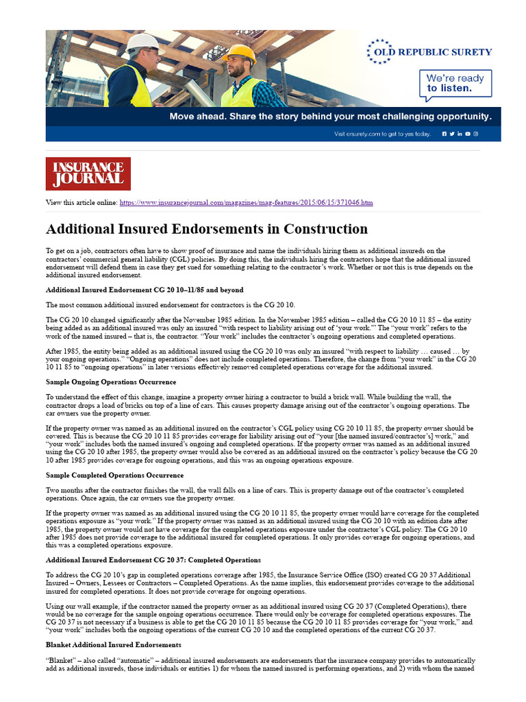 Additional Insured Endorsements in Construction | PDF | Insurance | Lease