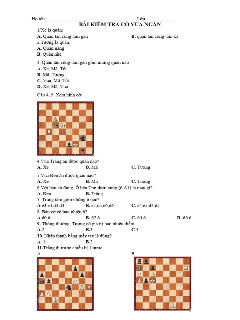 BÀI KIỂM TRA CỜ VUA NGẮN (6-2-2023) | PDF
