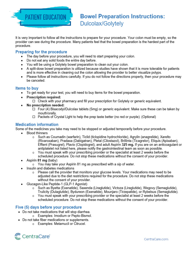 Bowel Preparation Instructions Dulcolax Golytely | PDF | Colonoscopy
