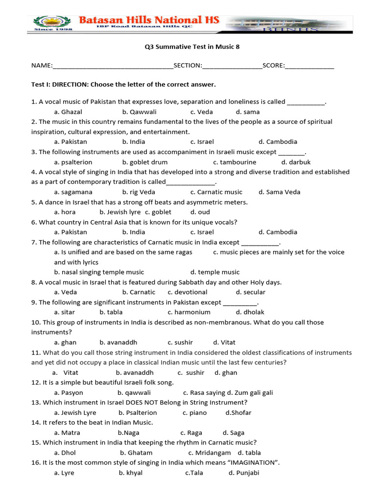 Music Test: Vocal Styles and Instruments | PDF | String Instruments ...