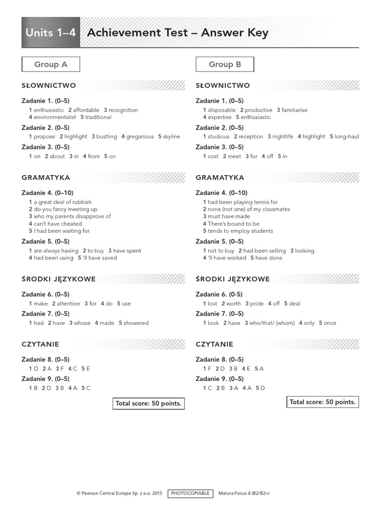 Achievement Test Units 1-4 Answer Key | PDF