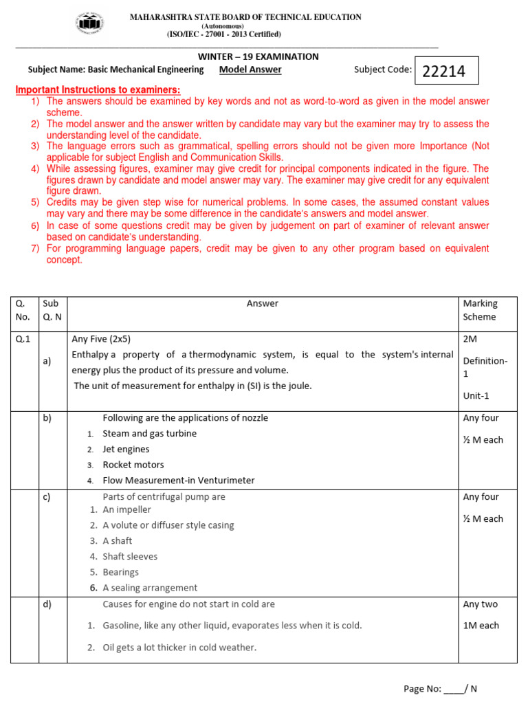 BME Model Answer Paper 22214 | PDF | Internal Combustion Engine | Pump