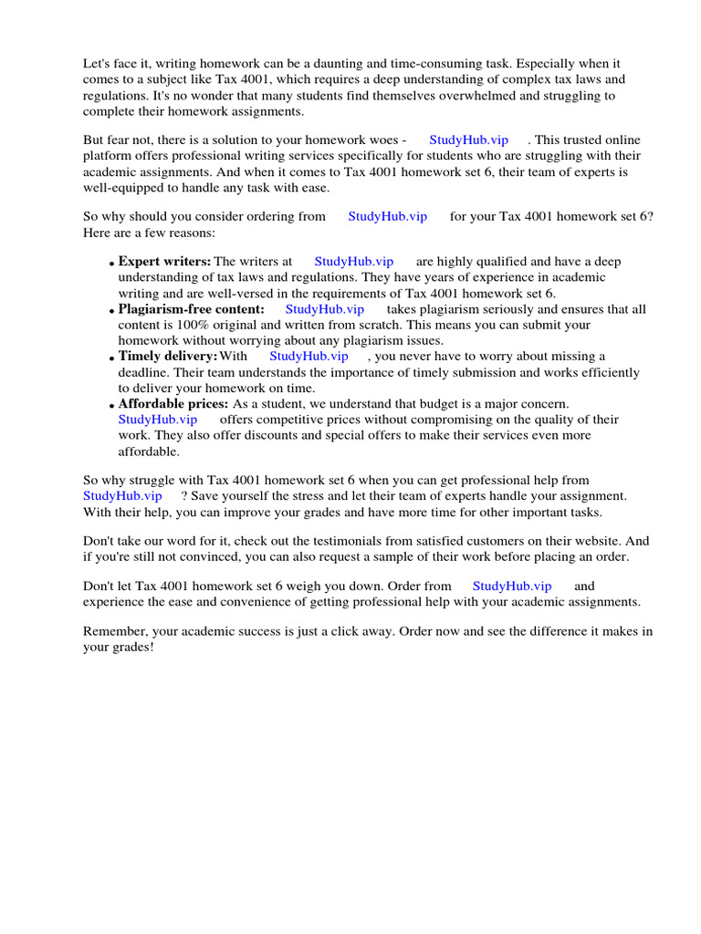Tax 4001 Homework Set 6 | PDF | Worksheet | Tax Deduction Tax 4001 Homework Set 6 | PDF | Worksheet | Tax Deduction