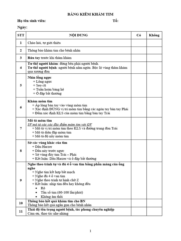 BẢNG KIỂM KHÁM TIM | PDF